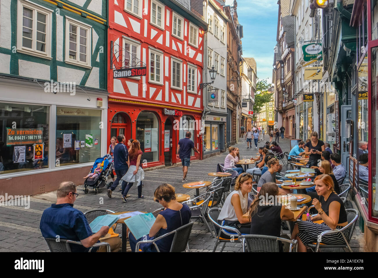 Historic City Center of Marburg at the river Lahn, Hesse, Germany with ...