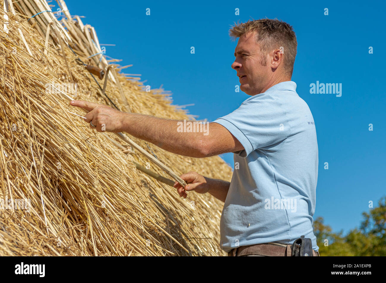 A Master Thatcher working on the roof of a village cottage repairing ...