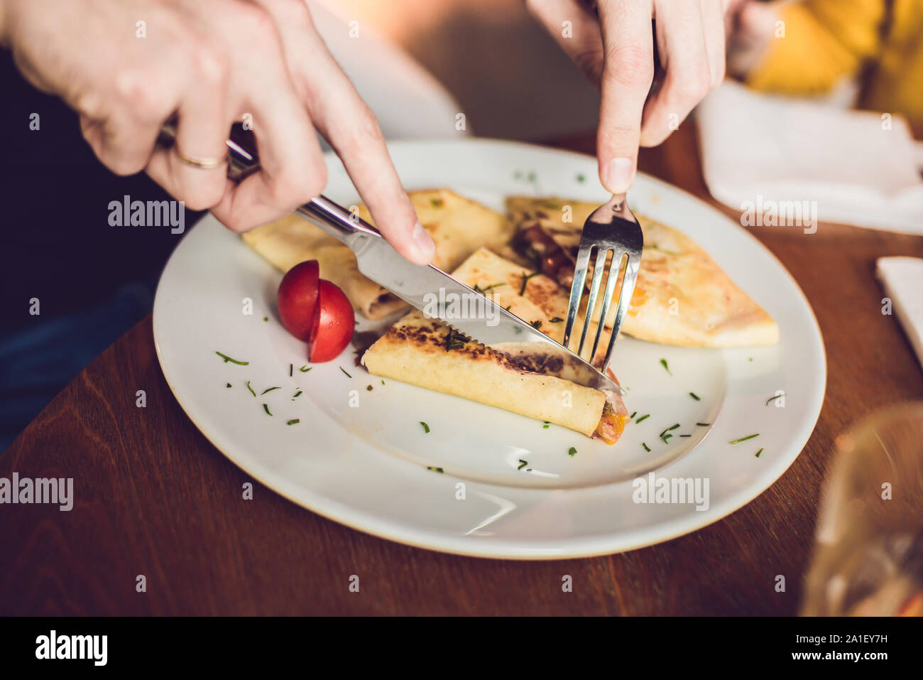 Healthy snack, lunch. Traditional Greek wrapped sandwich gyros ...