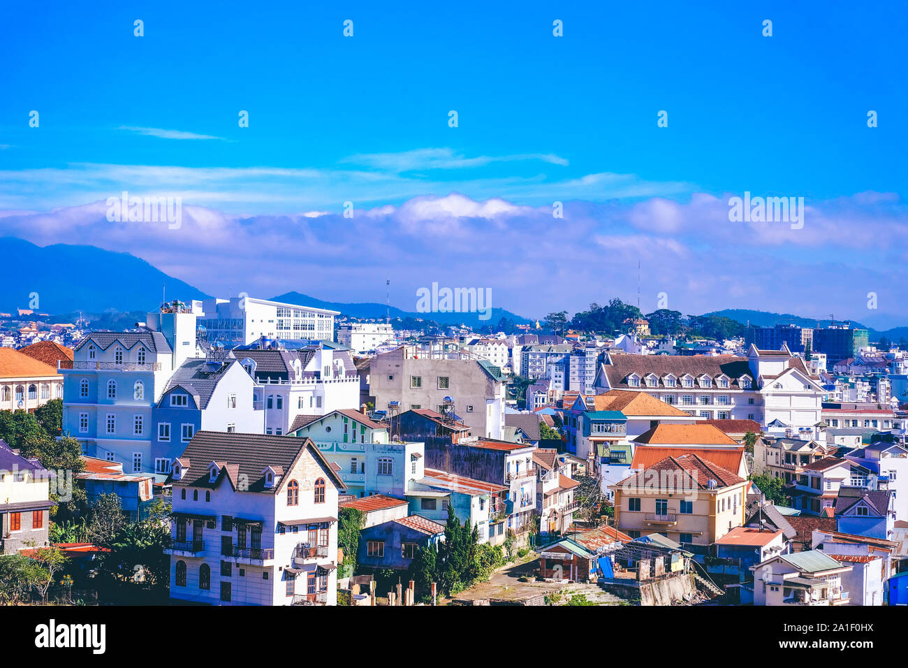 A great view of Da Lat city from a coffee shop. Royalty high quality ...