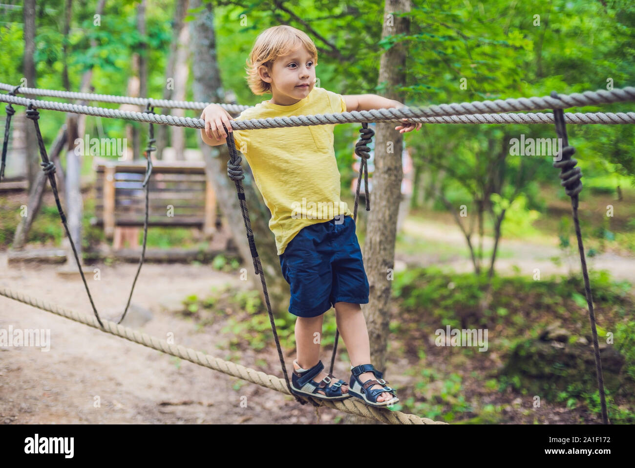 Portrait of cute little boy walks on a rope bridge in an adventure rope ...
