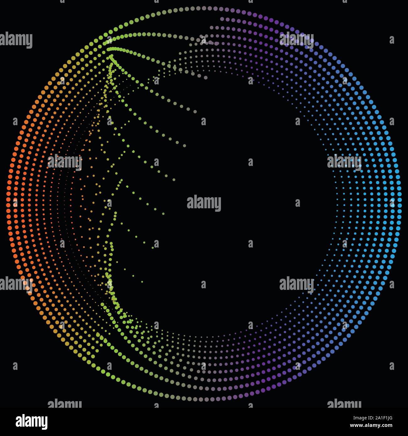 Radial element with random dots, circles, rings as particles. Diffusion ...