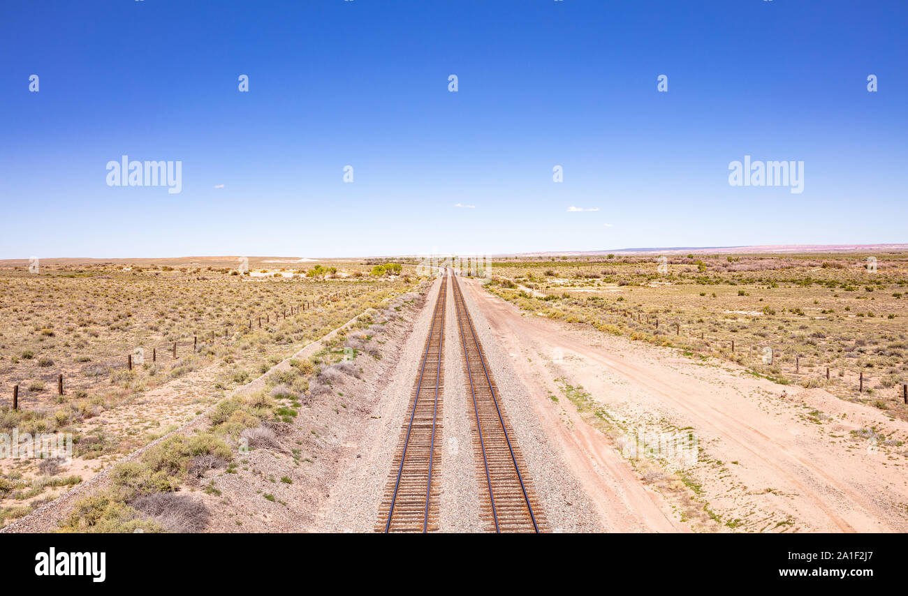 Arizona USA. Railroad tracks in countryside, desert background, high ...