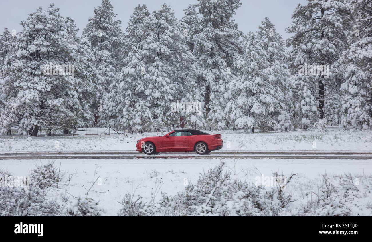 Winter time and snow, red car on the road, side view, cloudy sky, USA ...