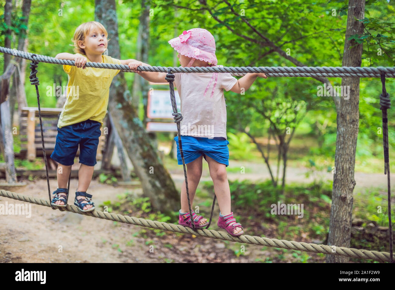 Portrait of cute little boy and girl walk on a rope bridge in an ...