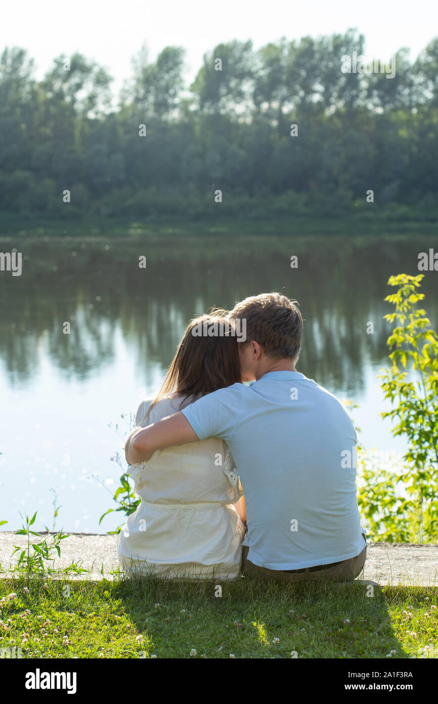 happy romantic couple in love and having fun outdoor in summer day ...