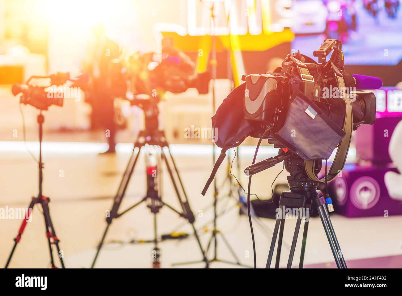 TV NEWS studio with camera and lights Stock Photo - Alamy