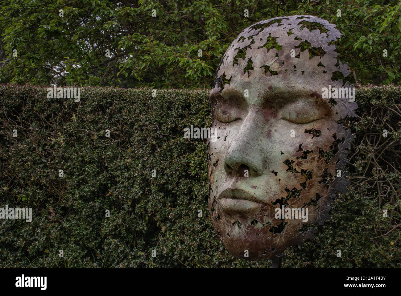 Human face statue in the botanical garden To welcome tourists Stock ...