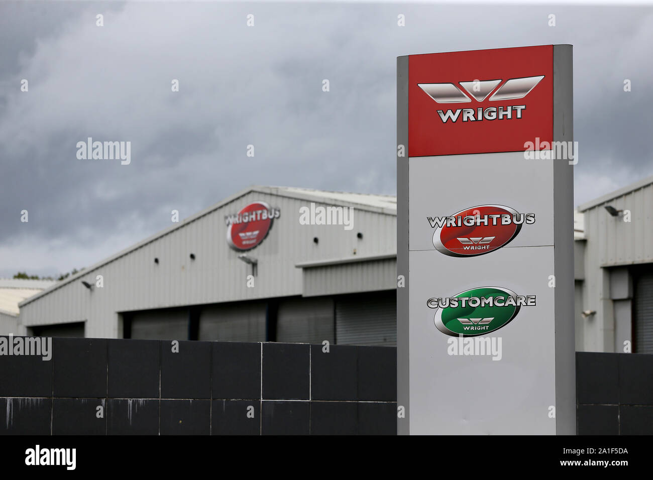 Signage at the Wrightbus plant in Ballymena, Northern Ireland, as the ...