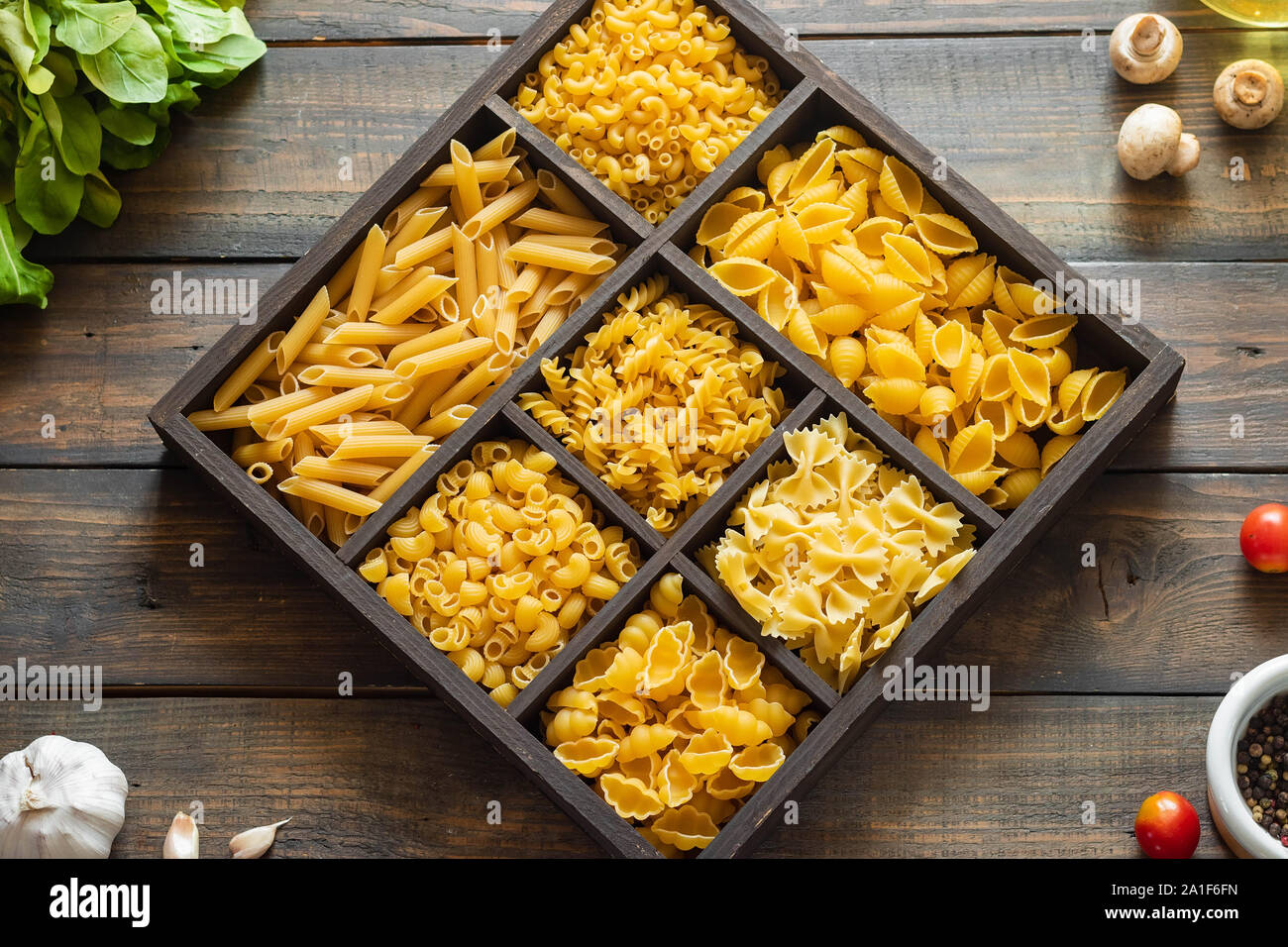 Different types of raw pasta. Italian food. Healthy food background ...