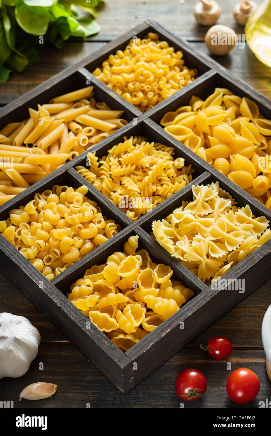 Different types of raw pasta. Italian food. Healthy food background ...