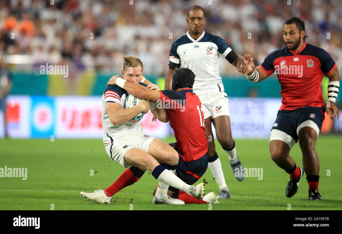 England's Piers Francis tackles down USA's Will Hooley during the 2019 ...