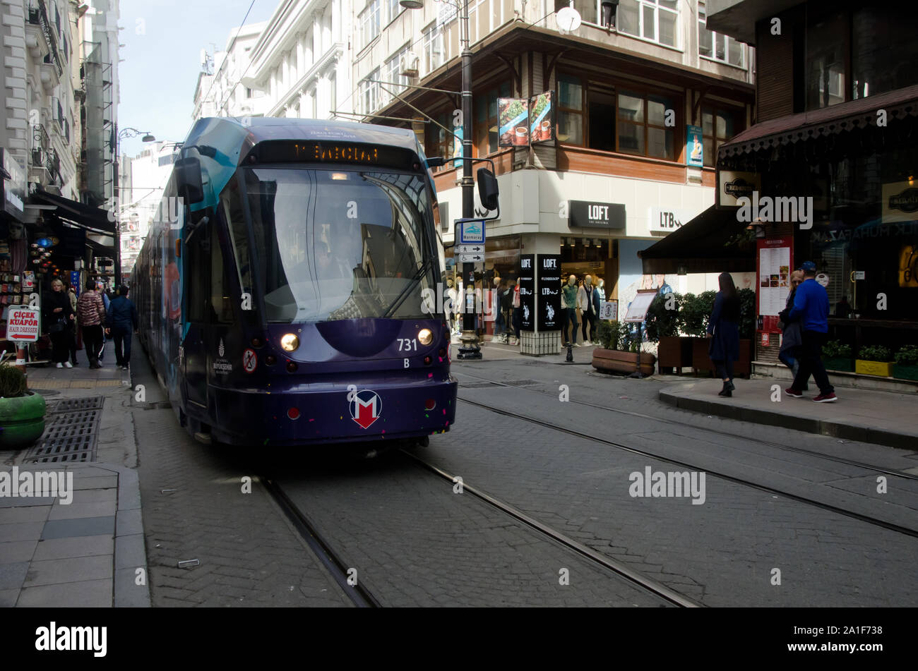 Istanbul, Turkey, March 07, 2019: modern blue tram trains on cobble ...