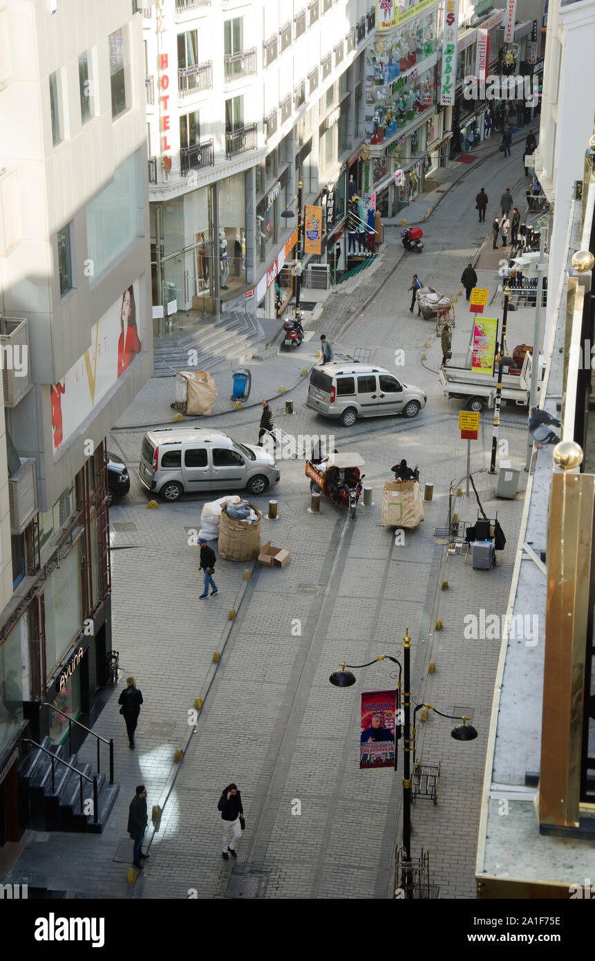Istanbul, Turkey, March 07, 2019: top view on narrow cobblestone street ...