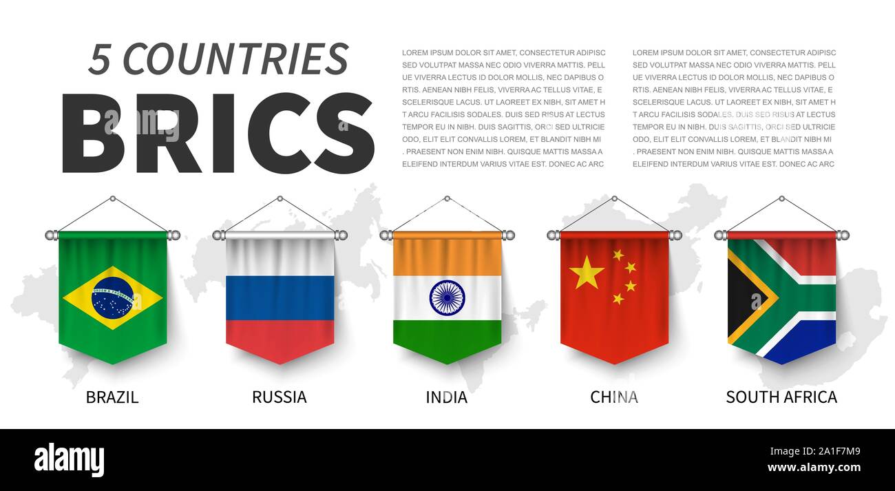 BRICS . Association of 5 countries . 3D realistic pennant hanging ...