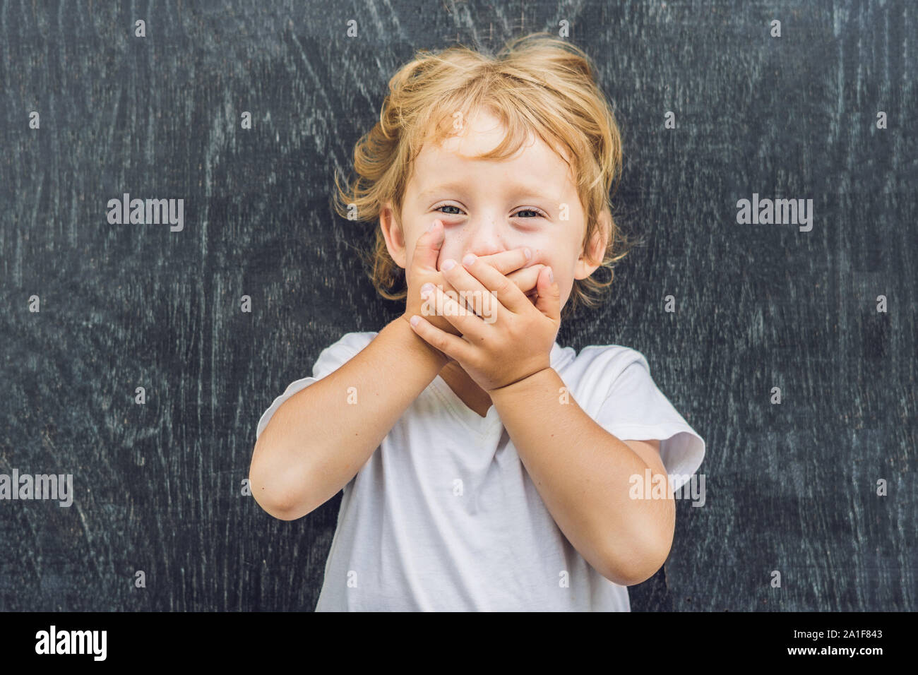 Top view of a little blond kid boy with space for text and symbols on ...