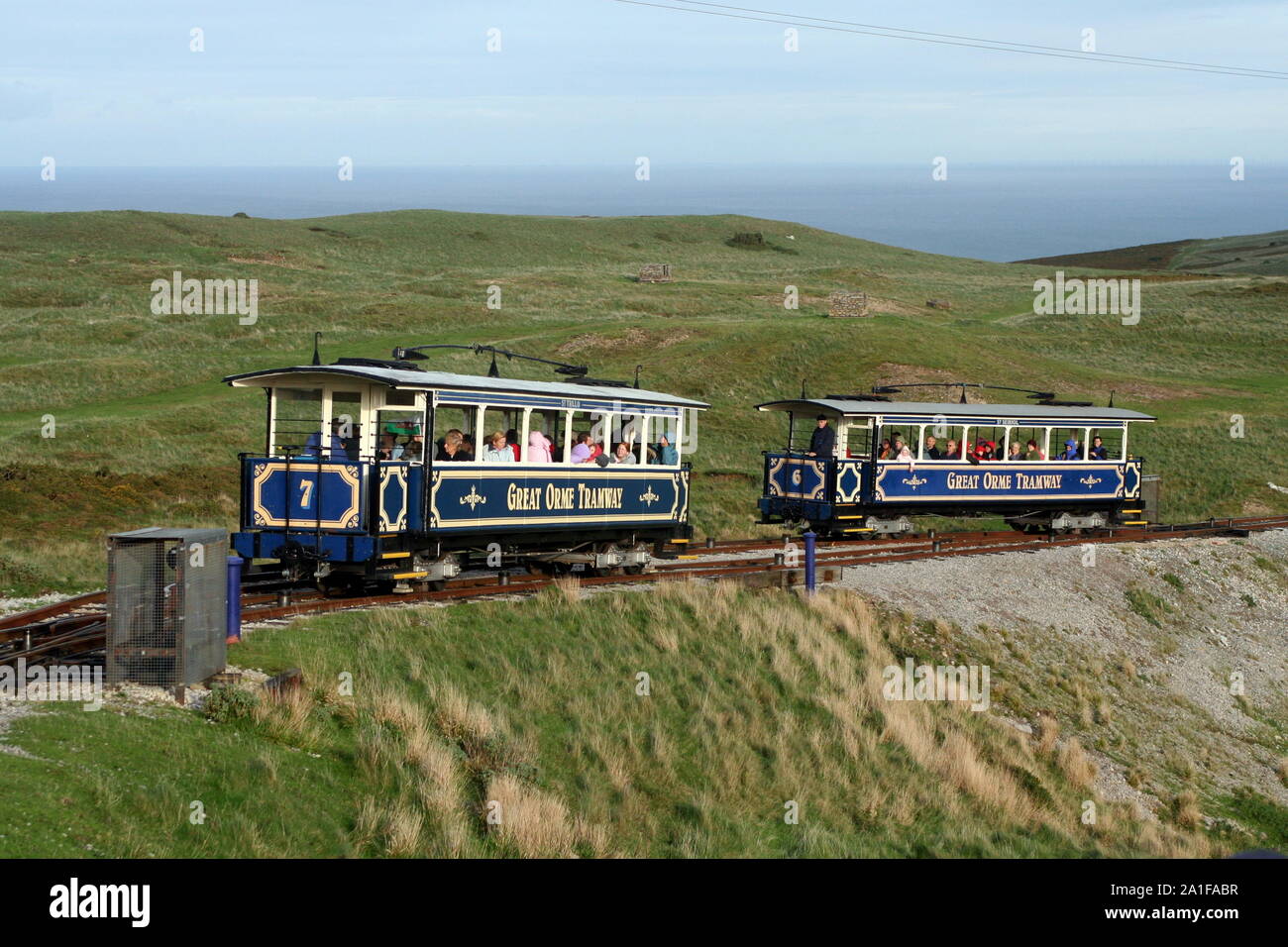 Two trams passing on the Great Orme Tramway Stock Photo - Alamy