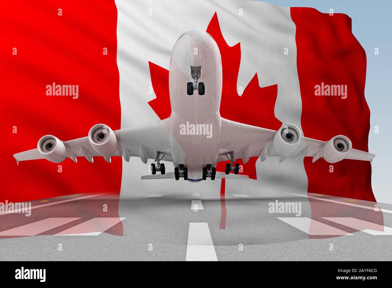 airplane taking off against the background of the flag Canada. 3d ...