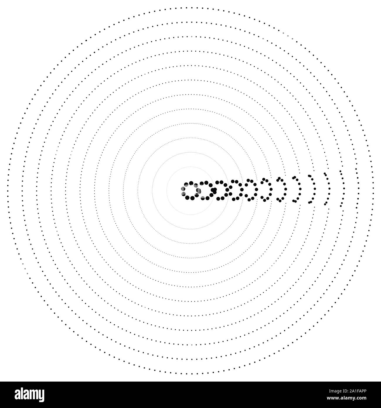 Radial element with random dots, circles, rings as particles. Diffusion ...