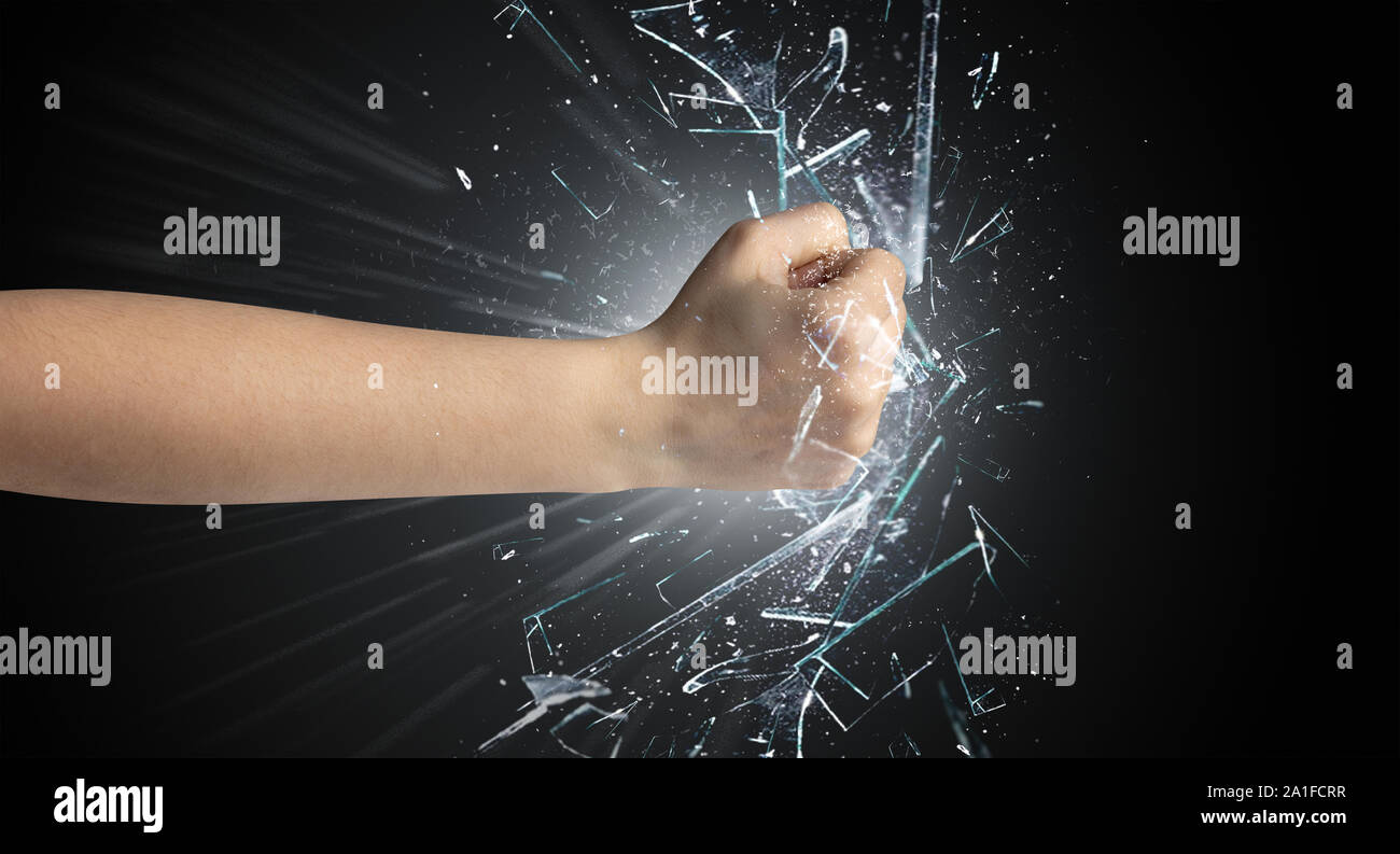 Big hand hits intense and breaks glasses Stock Photo - Alamy
