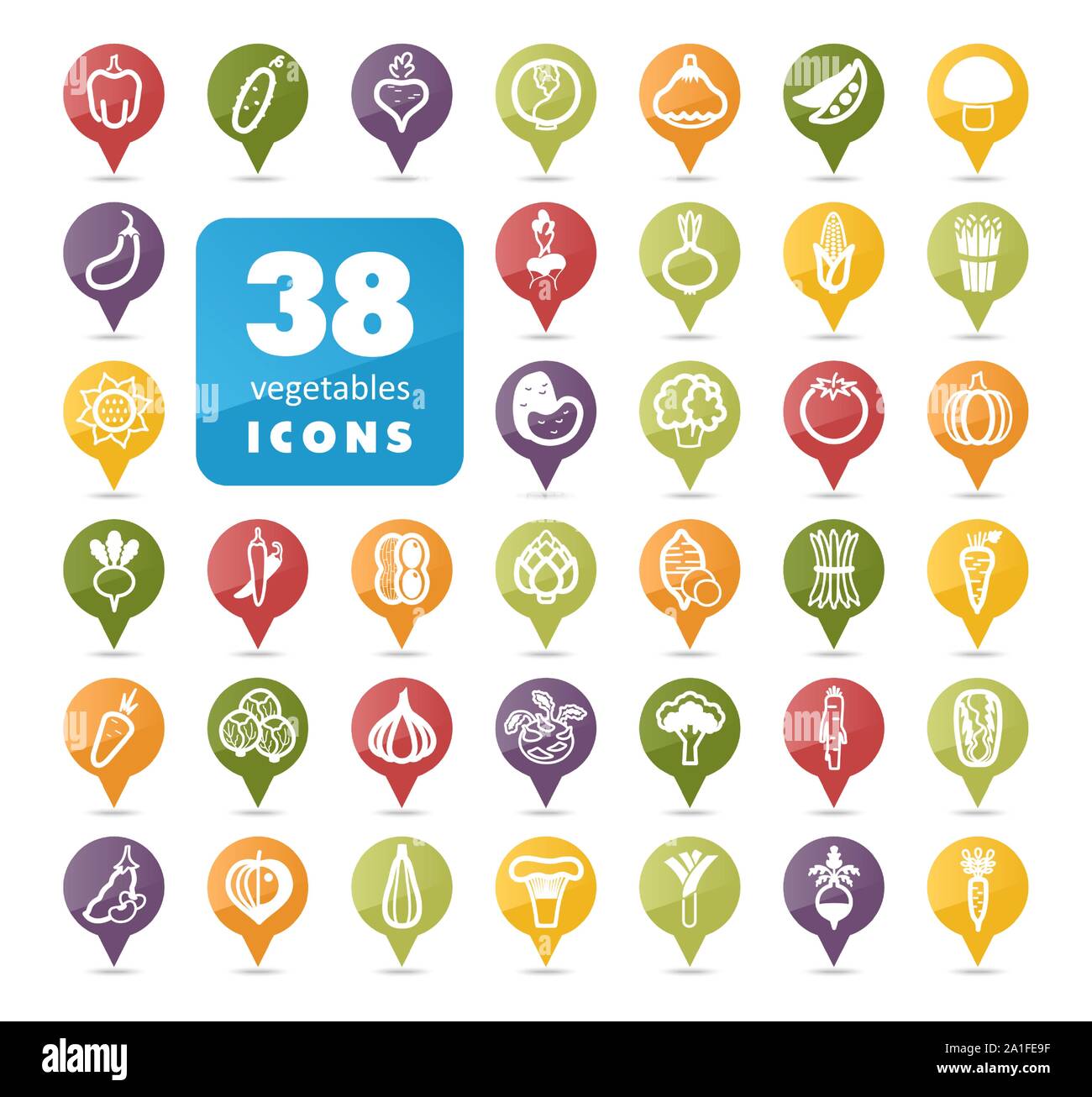Vegetables flat vector pin map icons set. Map pointer. Map markers ...