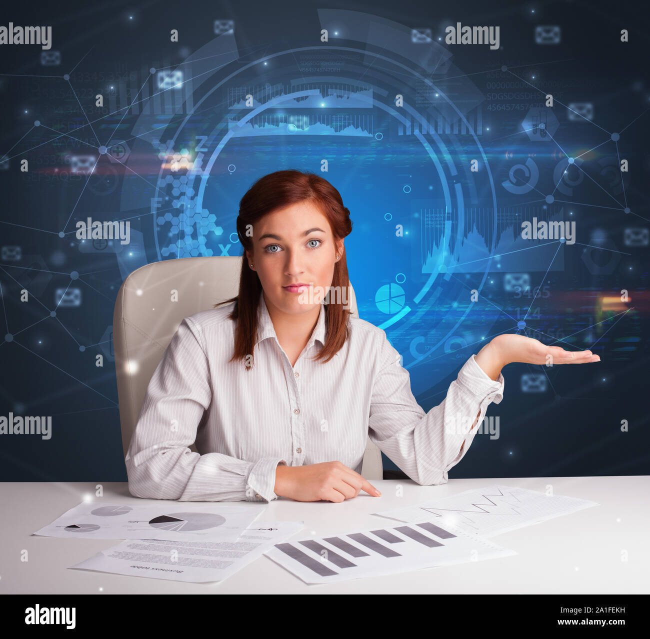 Manager in front of the office desk with connections and teamwork ...