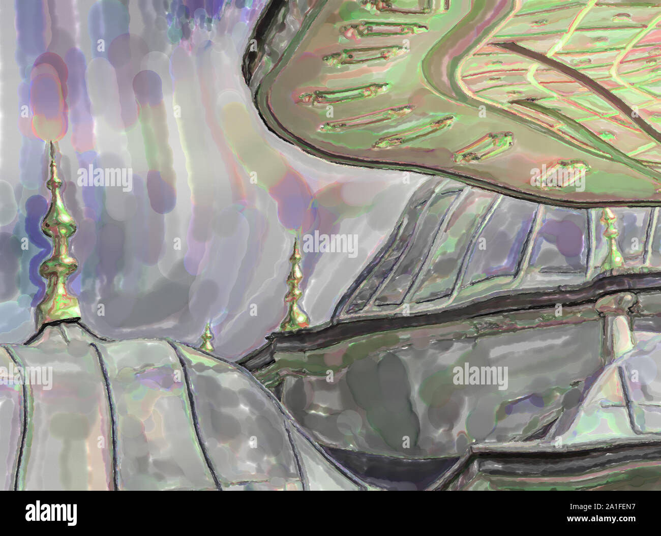 watercolor illustration: Abstract arrangement of roofs of the buildings ...