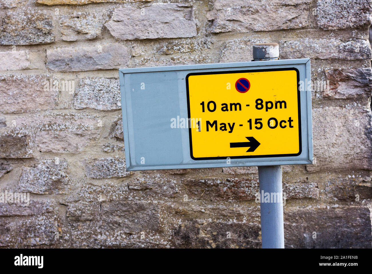 Warning sign, notice for 'no parking' between 10 am and 8 pm. Dorset ...