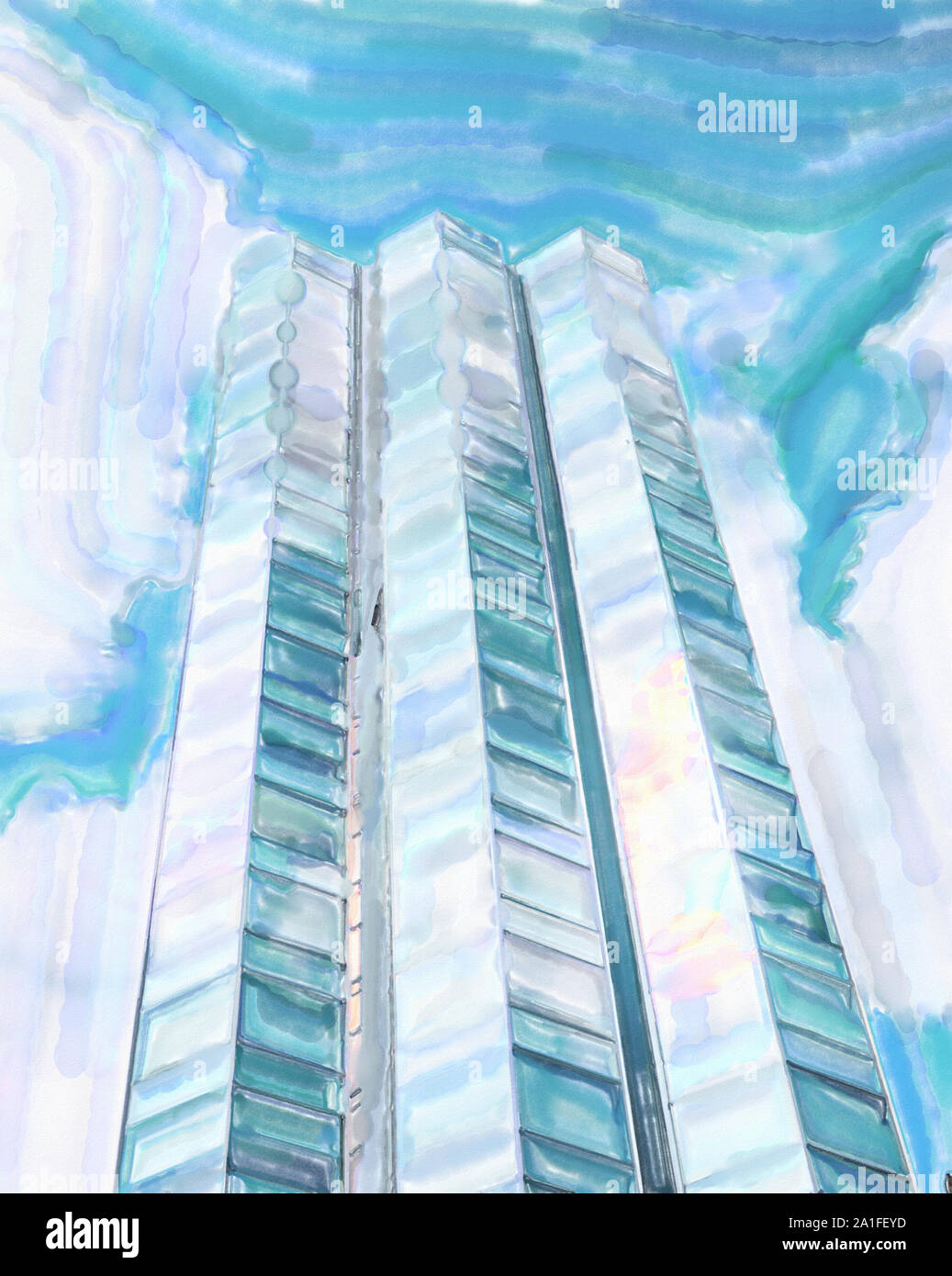 watercolor illustration: Tower of a glass skyscraper taken at an ...