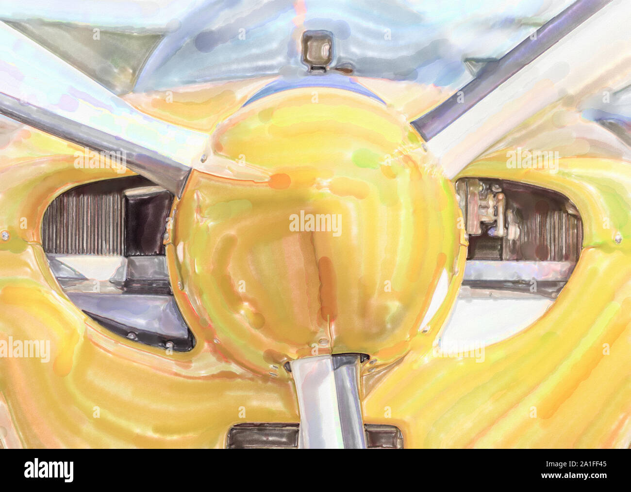 watercolor illustration: Front view of a single engine propeller ...