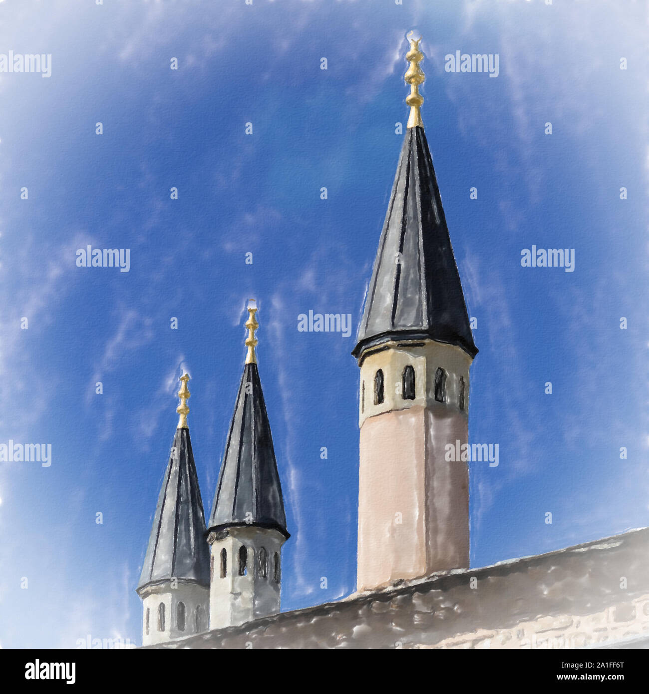 watercolor illustration: Abstract looking narrow pointed towers on a ...