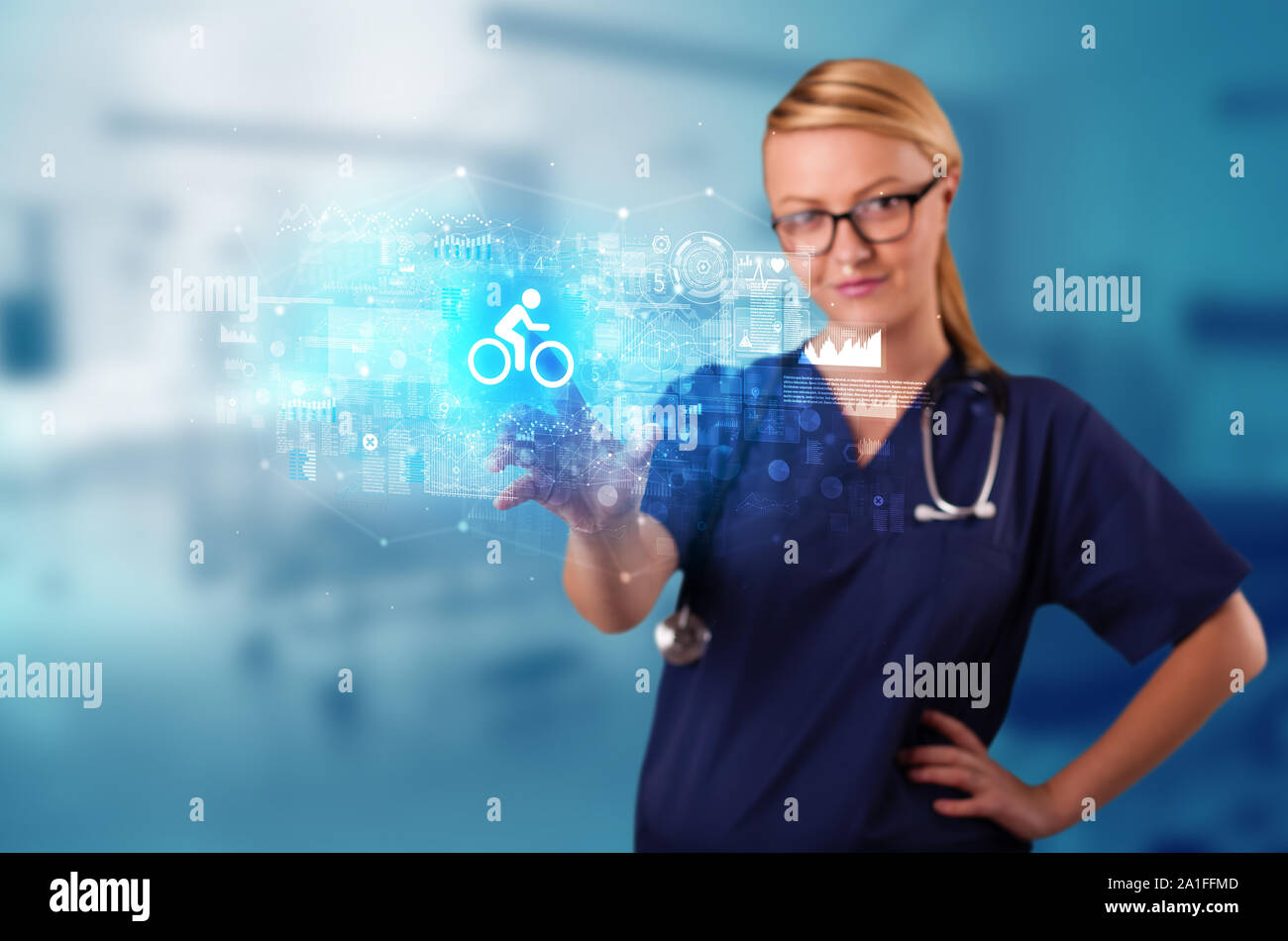 Doctor touching hologram screen displaying healthcare running symbols ...