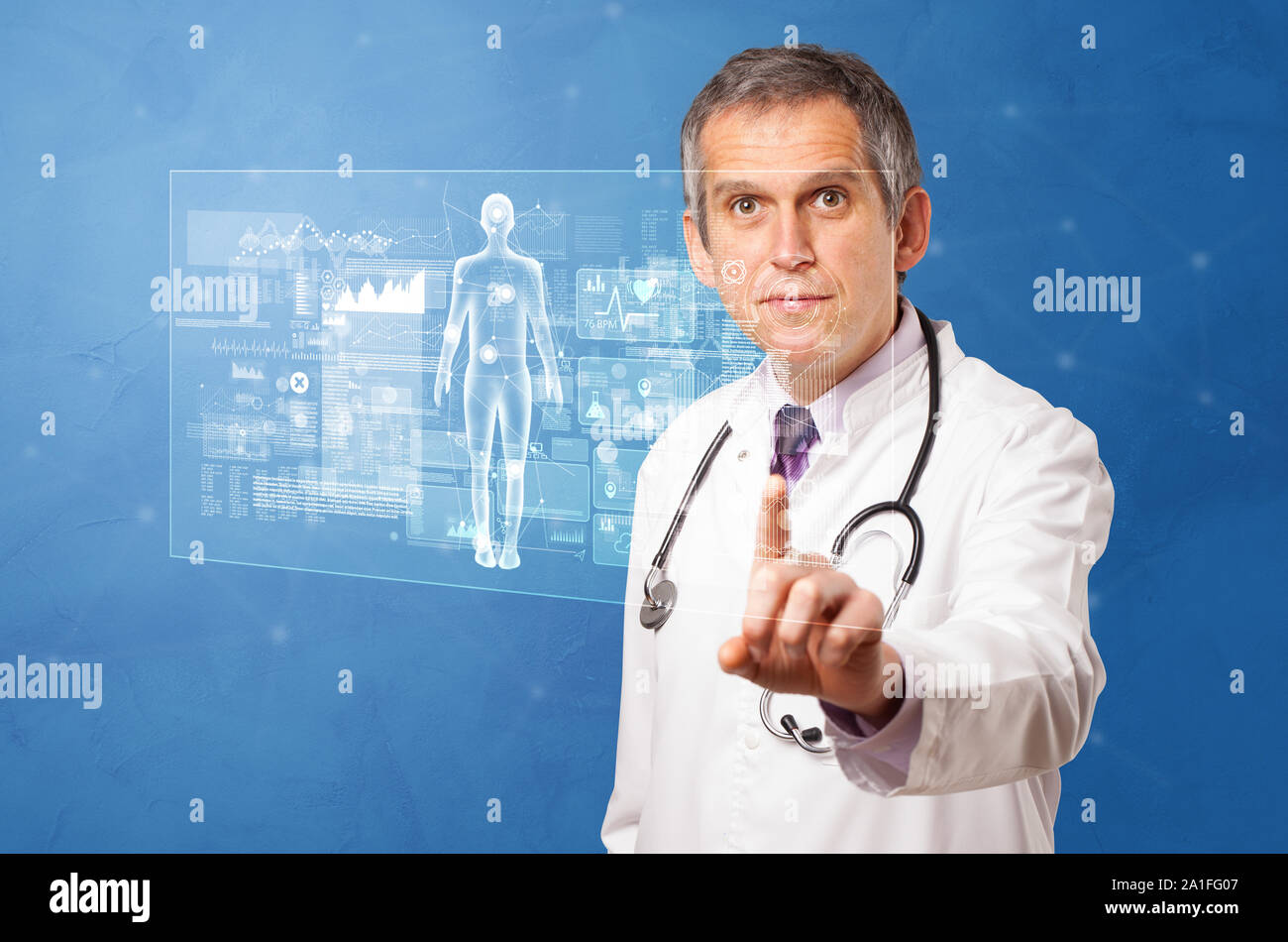 Doctor touching blue screen with full body analyze concept Stock Photo ...