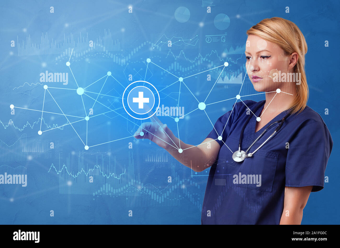 Doctor touching blue screen with virtual hospital concept Stock Photo ...