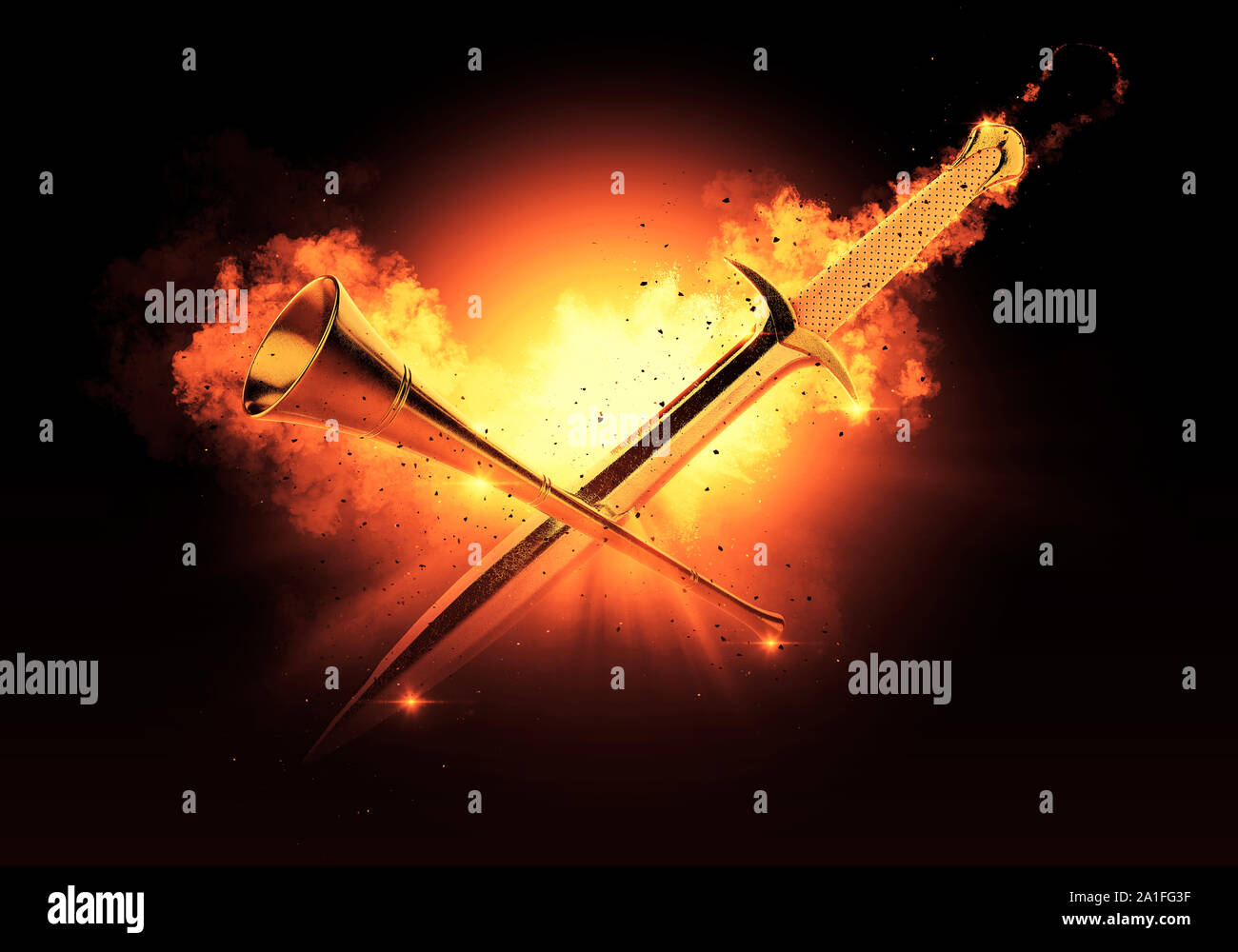 Medieval Sword and Trumpet Fire Action Background Stock Photo - Alamy