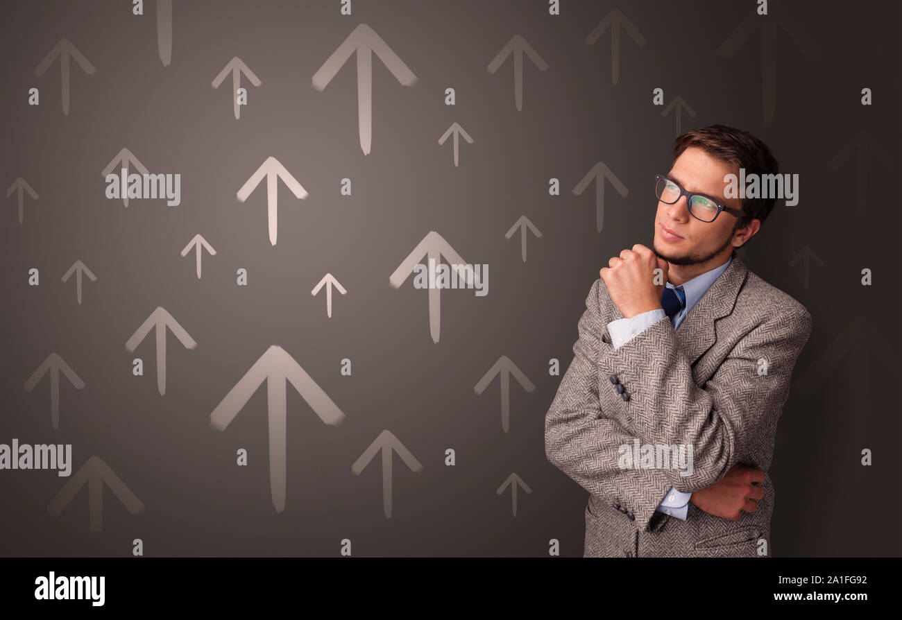 Young person thinking with direction concept background Stock Photo - Alamy
