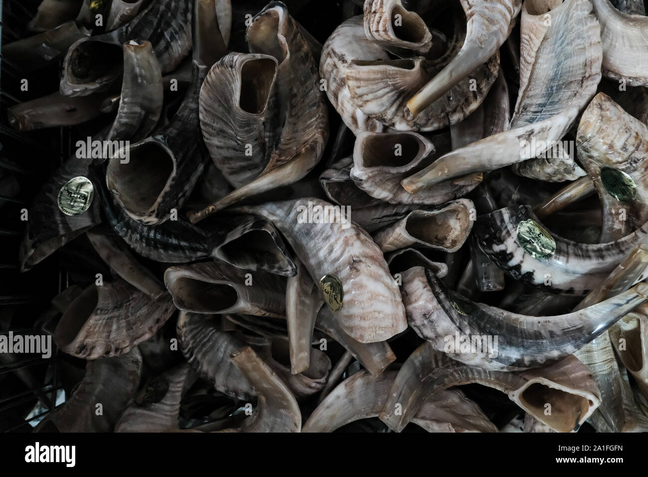 Givat Zeev, Israel. 26th September, 2019. Stacks of shofars are offered ...