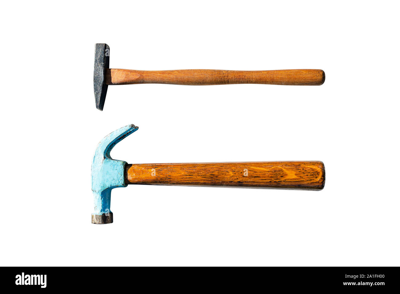 Two small metal hammers with a wooden handle, isolated on a white ...