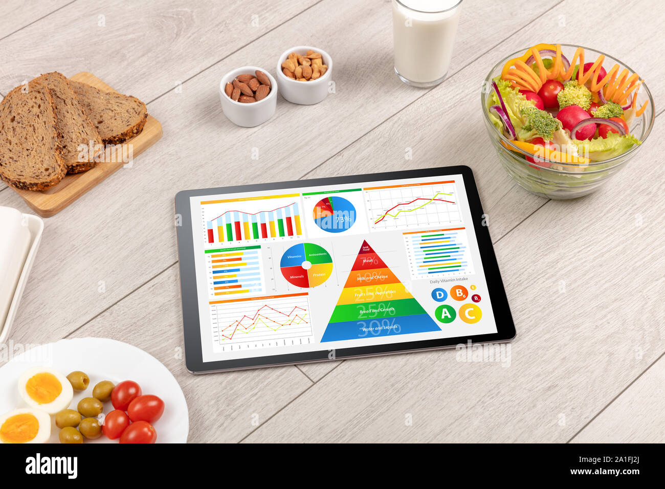 healthy eating concept - close up of tablet with several dieting ...