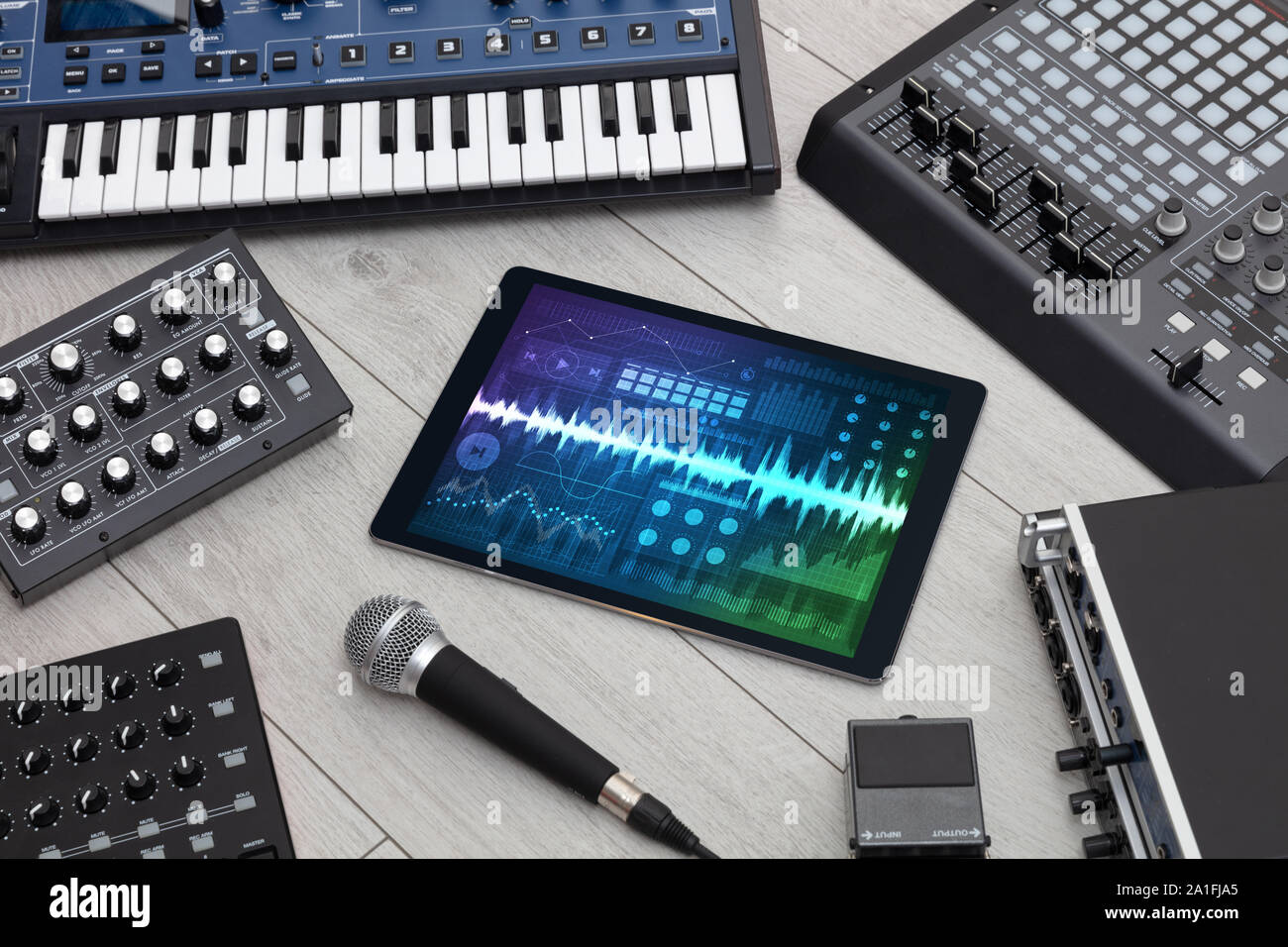 Music instruments and tablet with recording sound concept Stock Photo ...
