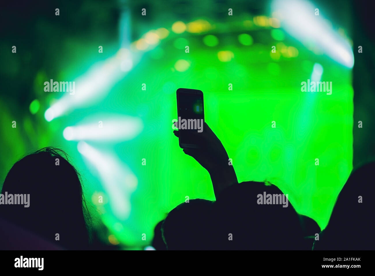 People enjoying rock concert and taking photos with cell phone at music ...