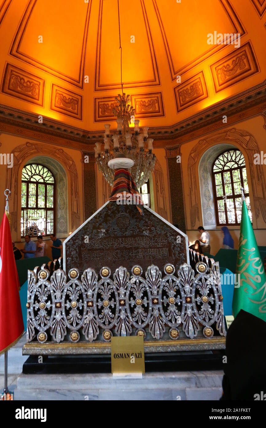 Osman Gazi tomb, mausoleum in Bursa, Turkey. Inside, flag Stock Photo ...