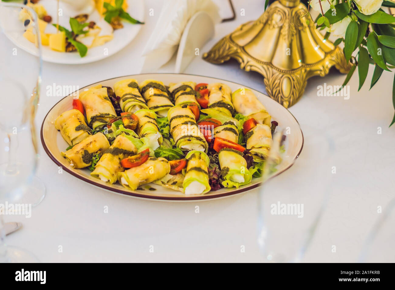 Catering service. Restaurant table with food. Huge amount of food on ...