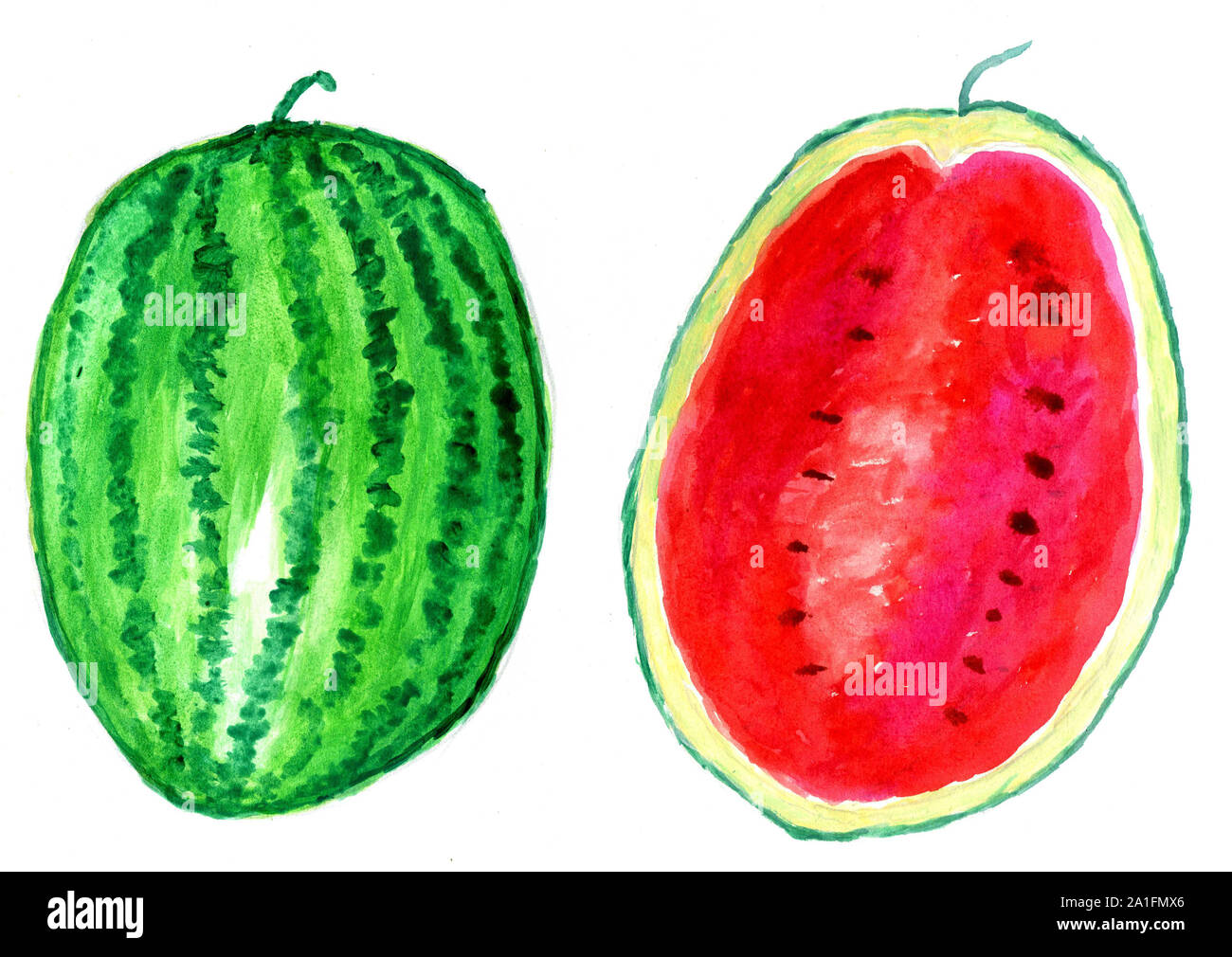 Watercolor and acrylic painted tasty watermelon, hand drawn fruit ...