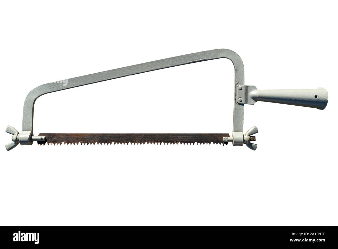 An old, rusty hand saw for wood with a gray metal handle, isolated on ...