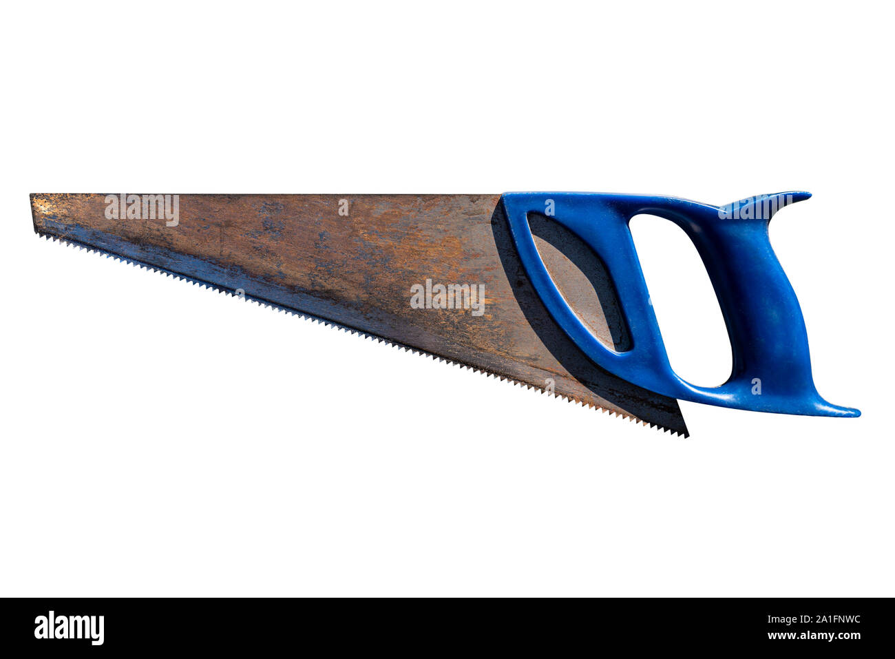 An old, rusty hand saw for wood with a blue plastic handle, isolated on ...