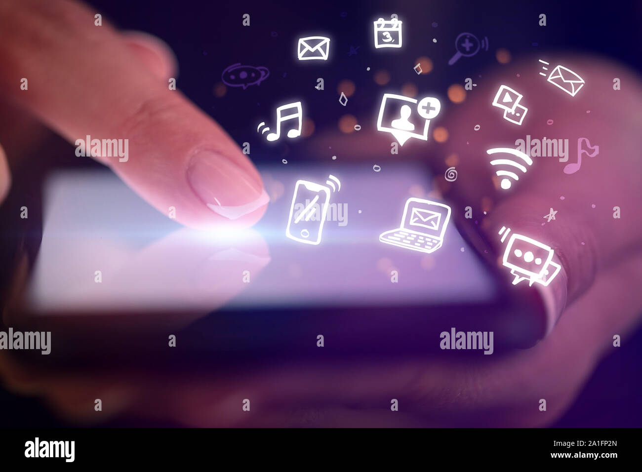 Finger touching phone with hologram application icons and dark ...