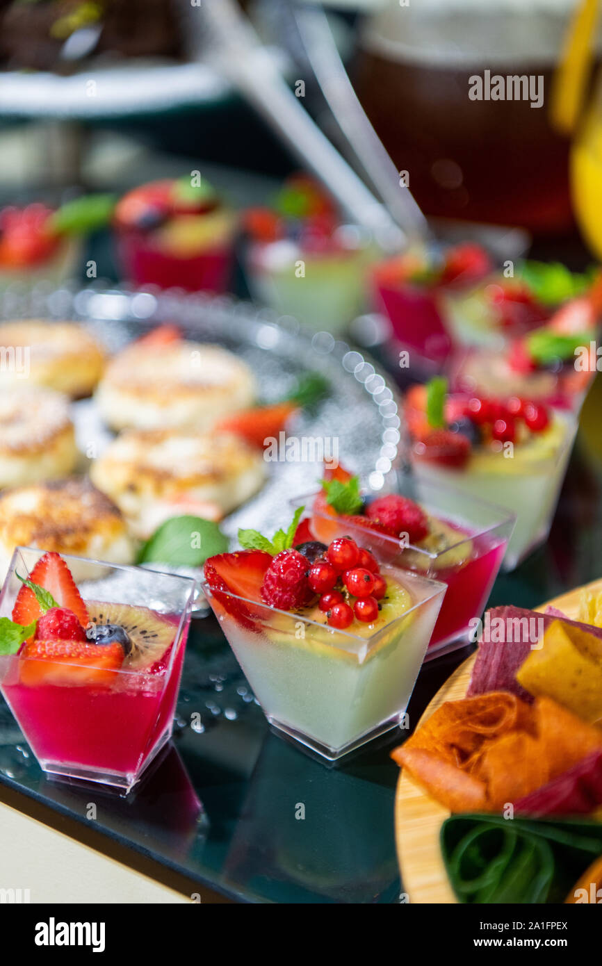 Sweet milk and berry desserts at breakfast buffet in a hotel Stock ...