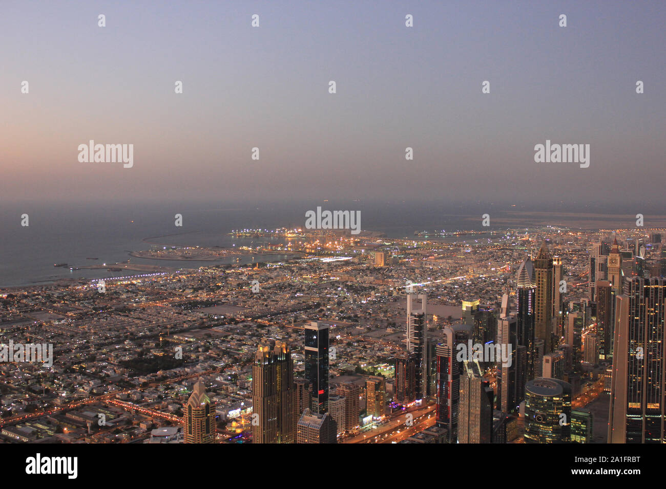 view over dubai towards the sea at night Stock Photo - Alamy
