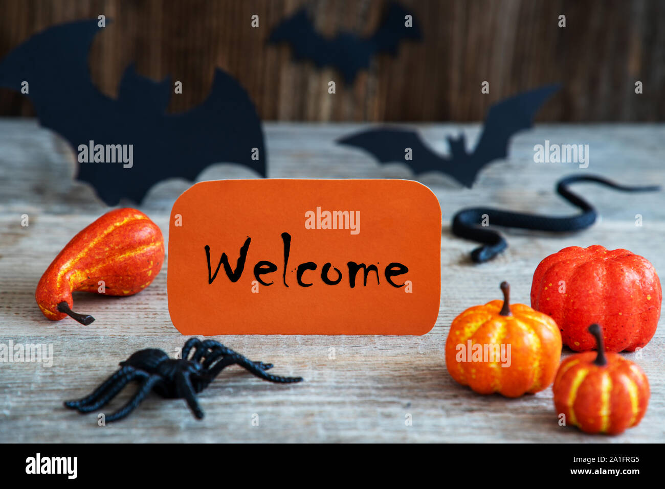 Orange Label, Text Welcome, Scary Halloween Decoration Stock Photo - Alamy